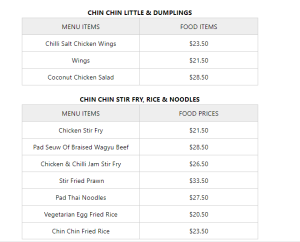 Chin Chin Menu Prices Australia 2024 - Restaurant Menu Prices Australia
