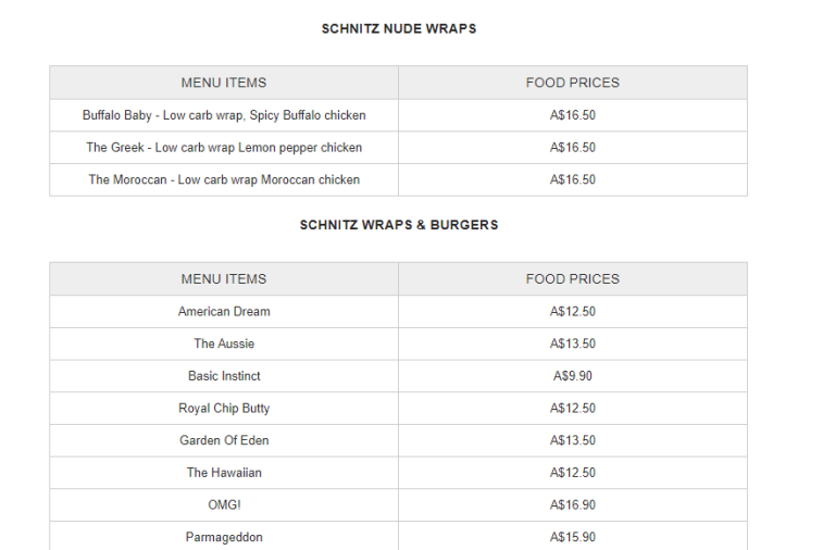 Schnitz Menu Prices Australia 2024 - Restaurant Menu Prices Australia