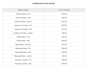 Cheesecake Shop Menu Prices Australia 2024 - Restaurant Menu Prices ...