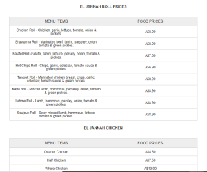 El Jannah Menu Prices Australia 2024 - Restaurant Menu Prices Australia