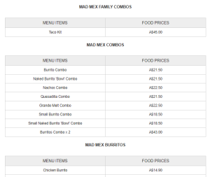 Mad Mex Menu Prices Australia 2024 - Restaurant Menu Prices Australia